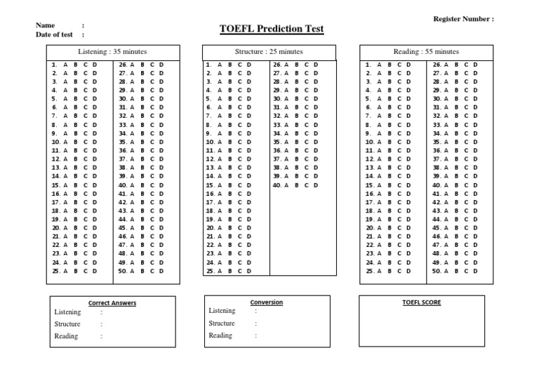 TOEFL Prediction Test: Listening: 35 Minutes Structure: 25 Minutes ...