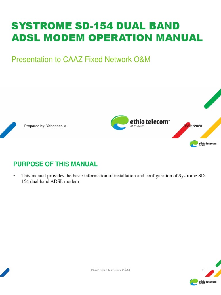 Systrome Sd-154 Dual Band Adsl Modem Operation Manual: Presentation To CAAZ Fixed Network O&M ...