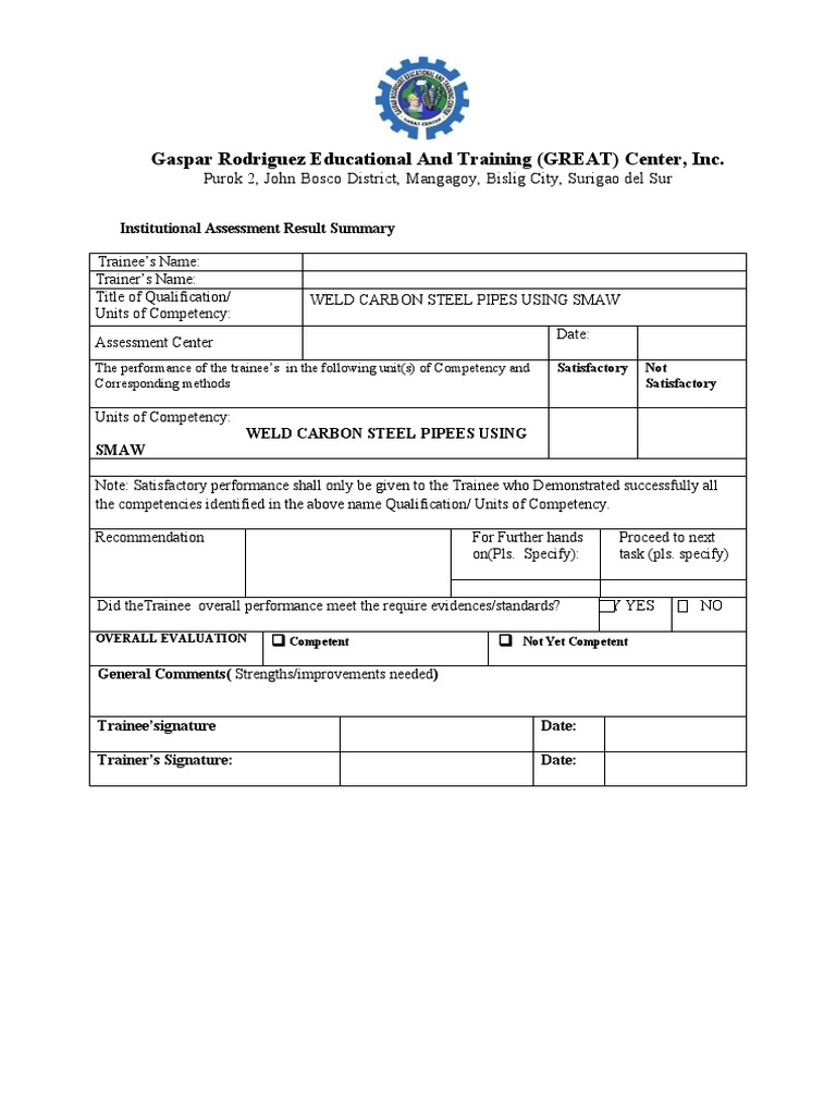 Institutional Assessment (SMAW NC II) | PDF | Welding | Construction