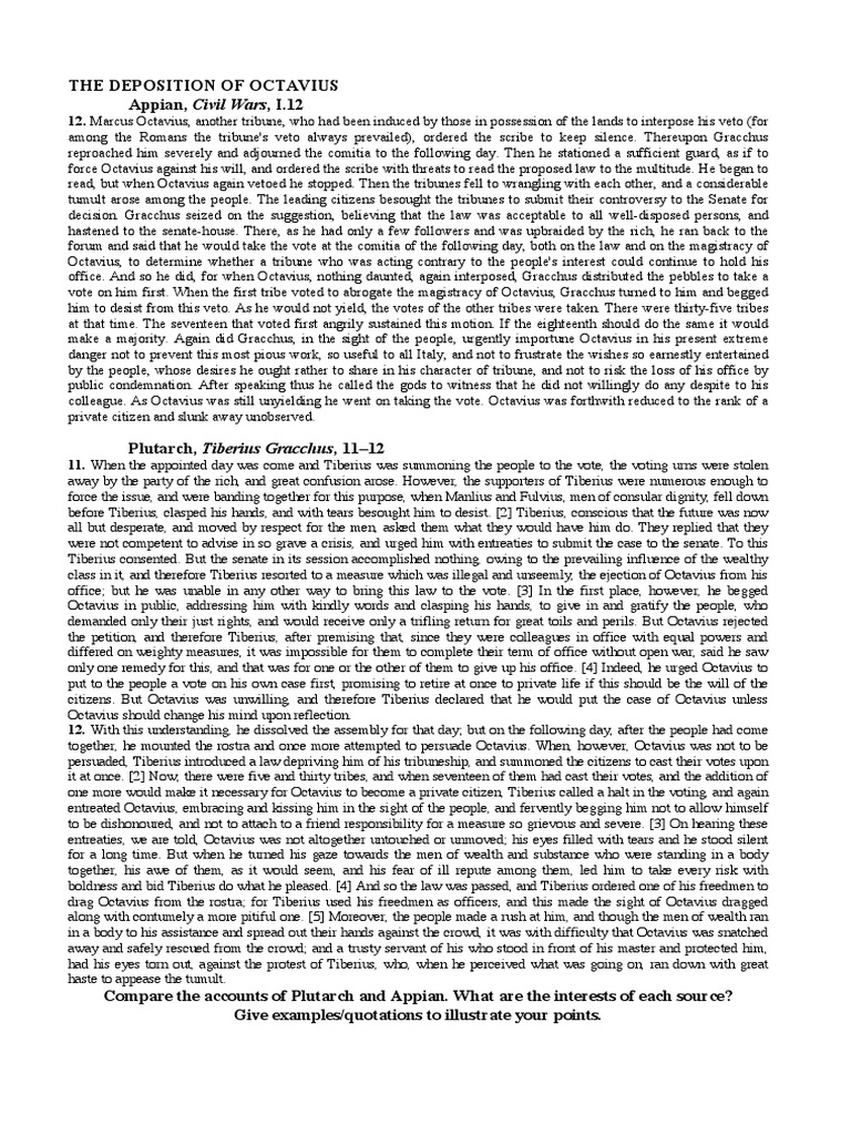 Octavius' Deposition: Plutarch vs. Appian | PDF | Augustus | Ancient Rome