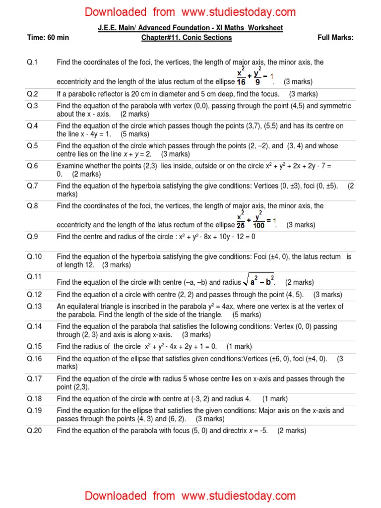 CBSE Class 11 Mathematics Worksheet - Conic Sections | PDF | Ellipse ...