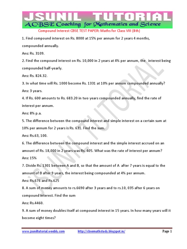 Class 8 Compound Interest Worksheet | PDF