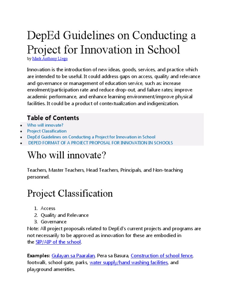 DepEd Guidelines On Conducting A Project For Innovation in School | PDF ...