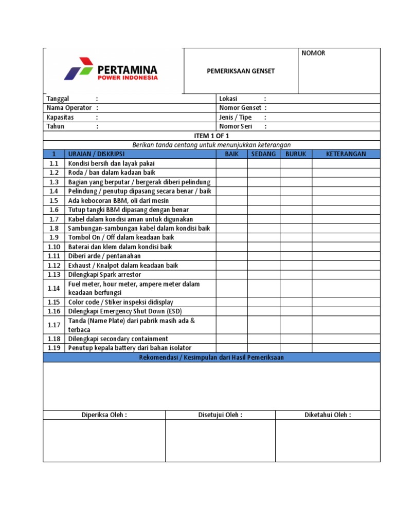 Form Checklist Pemeliharaan Genset | PDF