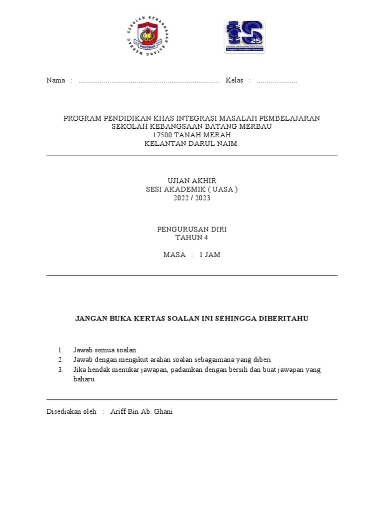 Cover Soalan Ujian Akhir Sesi Akademik (Uasa) Ppki Skbm-2022 | PDF