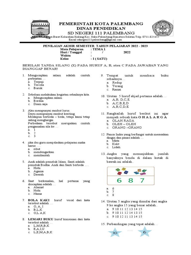 Soal Pas Kelas 1 Semester 1 | PDF