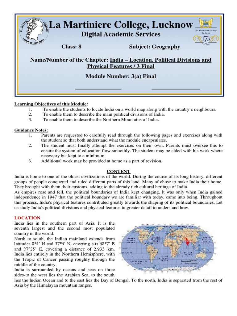 India - Location, Political Divisions and Physical Featuresa | PDF ...
