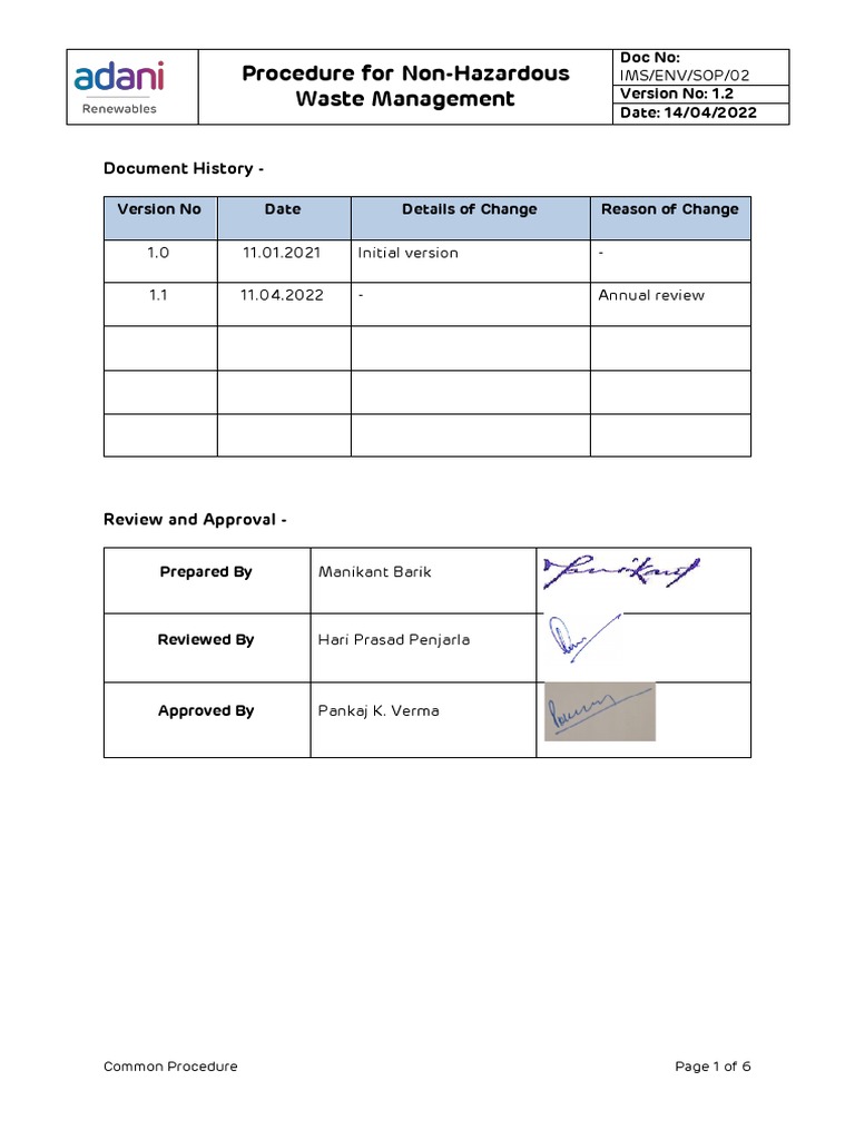Procedure For Non Hazardous Waste Management | PDF | Waste Management ...
