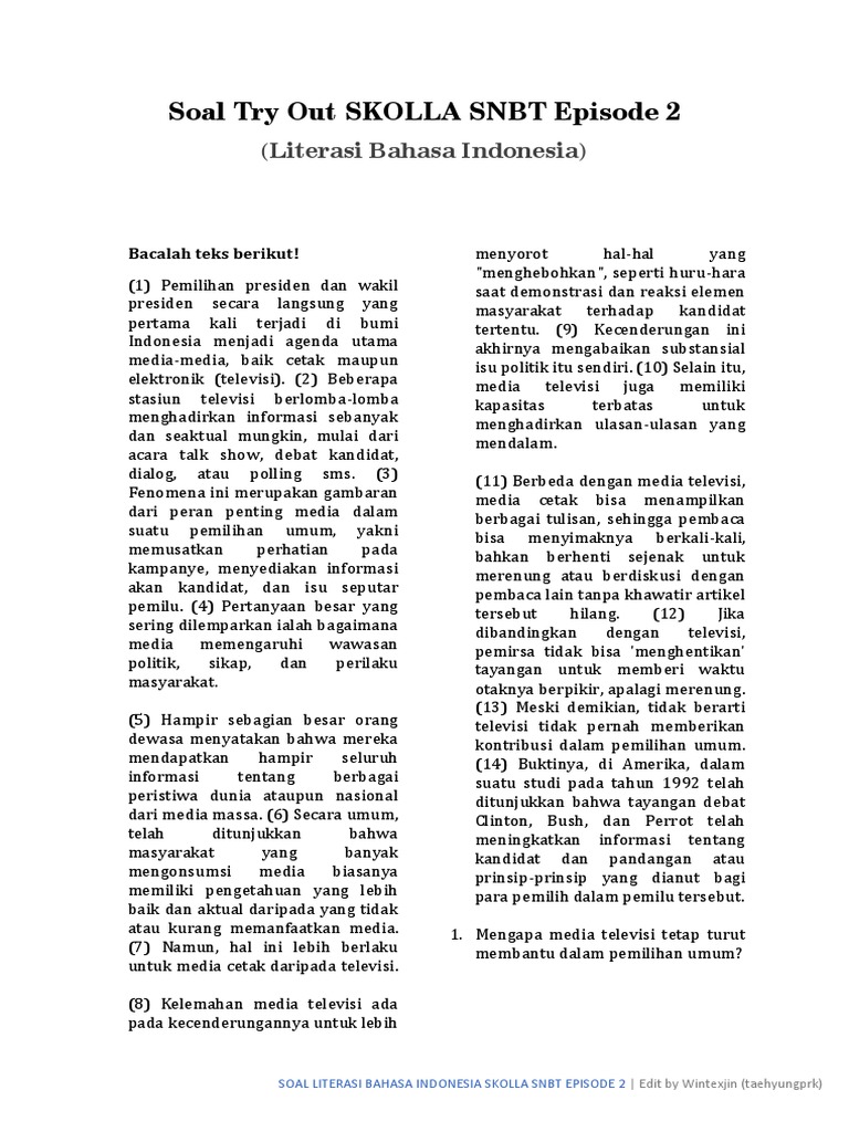 (Literasi Bahasa Indonesia) Soal Try Out SKOLLA SNBT Episode 2 | PDF