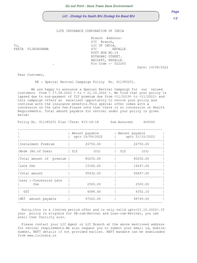 Revival Letter | PDF | Insurance | Business Law