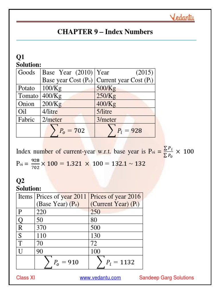 Class 11 Statistics: Index Numbers Solutions | PDF | Economics | Economies