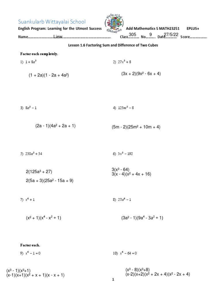 Lesson 1.6 Factoring Sum and Difference of Two Cubes | PDF