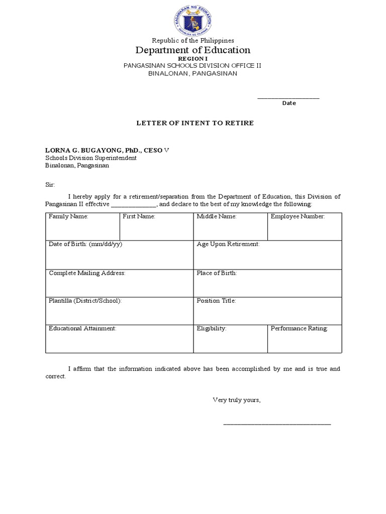 Retirement Intent Letter Template | PDF