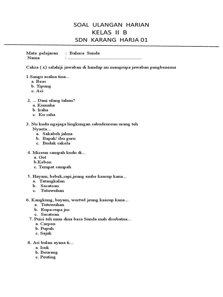Soal Ulangan Bahasa Sunda Kelas 2 | PDF