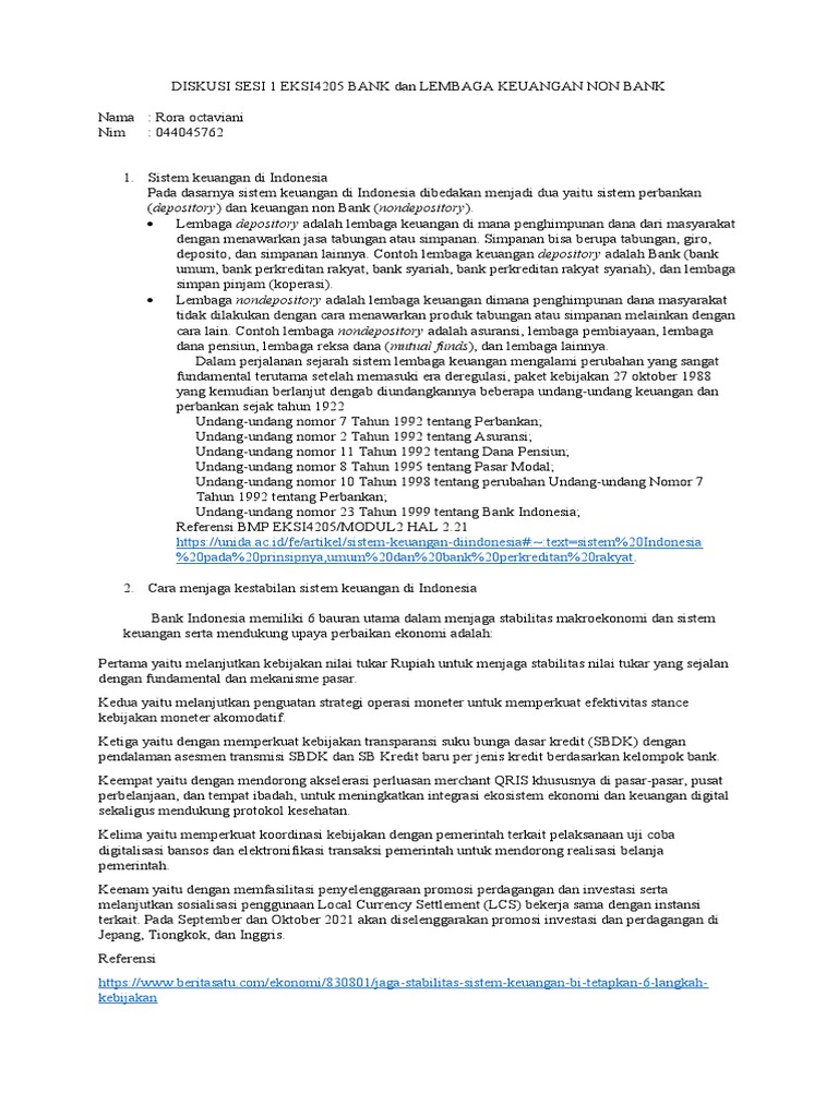 Diskusi Sesi 1 Eksi4205 Bank Dan Lembaga Keuangan Non Bank | PDF | Bisnis | Pengelolaan Keuangan ...