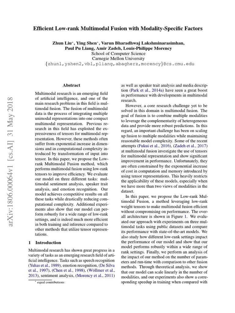 Efficient Low-Rank Multimodal Fusion With Modality-Specific Factors | PDF | Tensor | Cybernetics