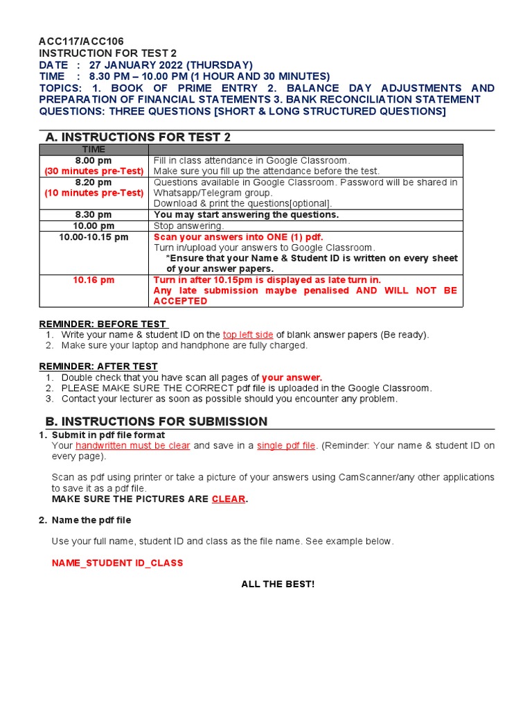 Acc117 - 106 Test 2 Instruction - 27012022 | PDF