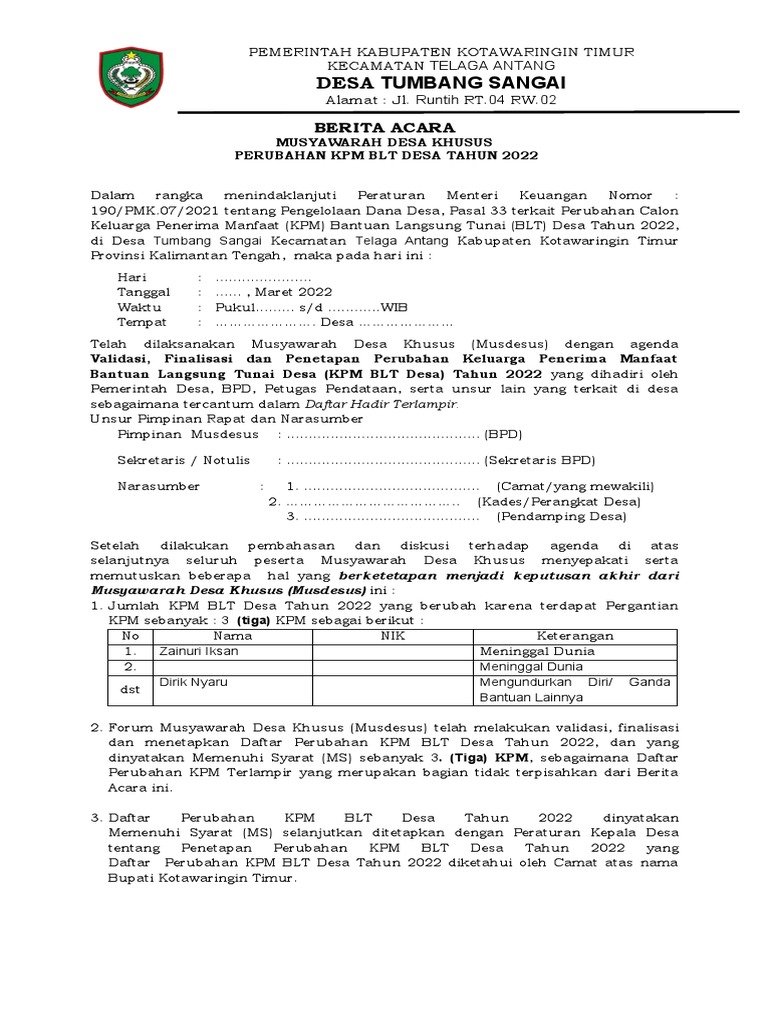 Berita Acara Musdesus Perubahan KPM BLT Desa Tahun 2022 | PDF