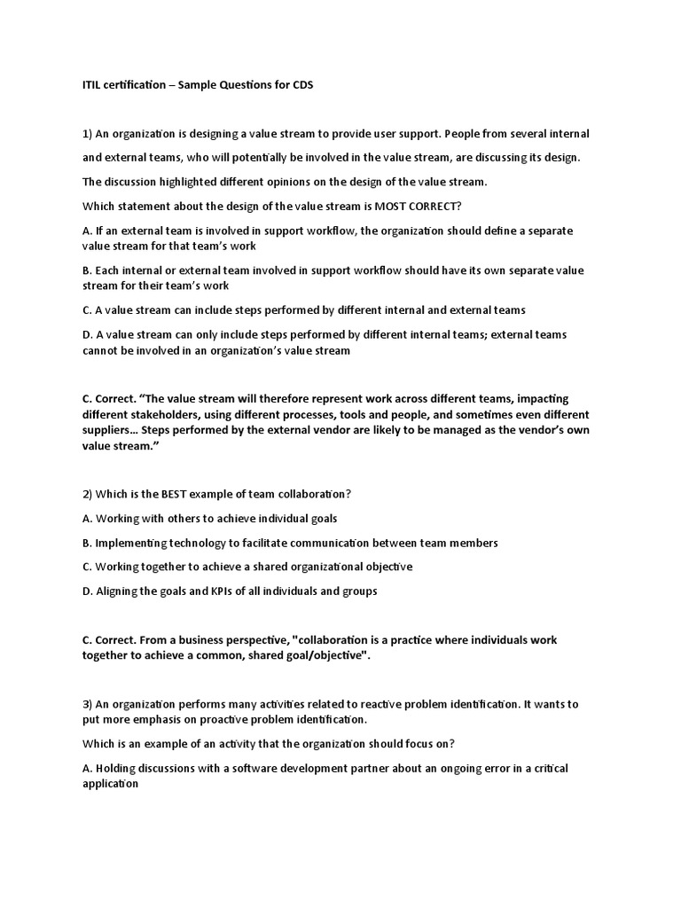 ITIL Certification - Sample Questions For CDS | PDF | Supply Chain ...