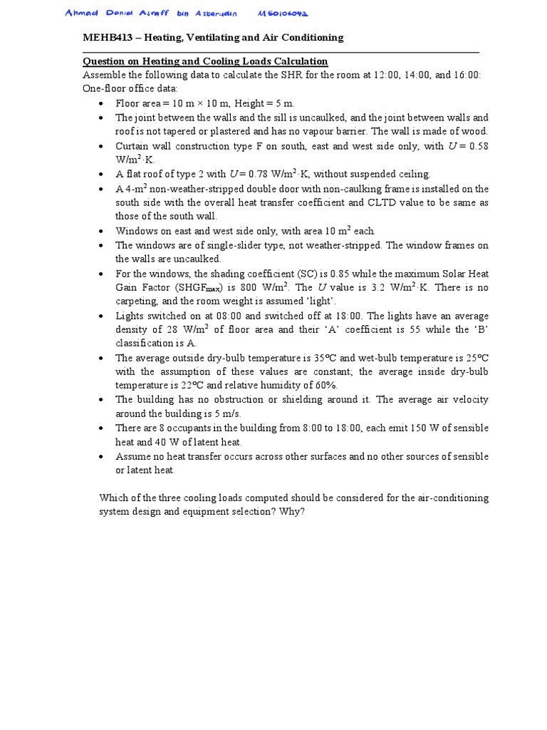 Cooling Load Assignment (ME0106042) | PDF | Wall | Window