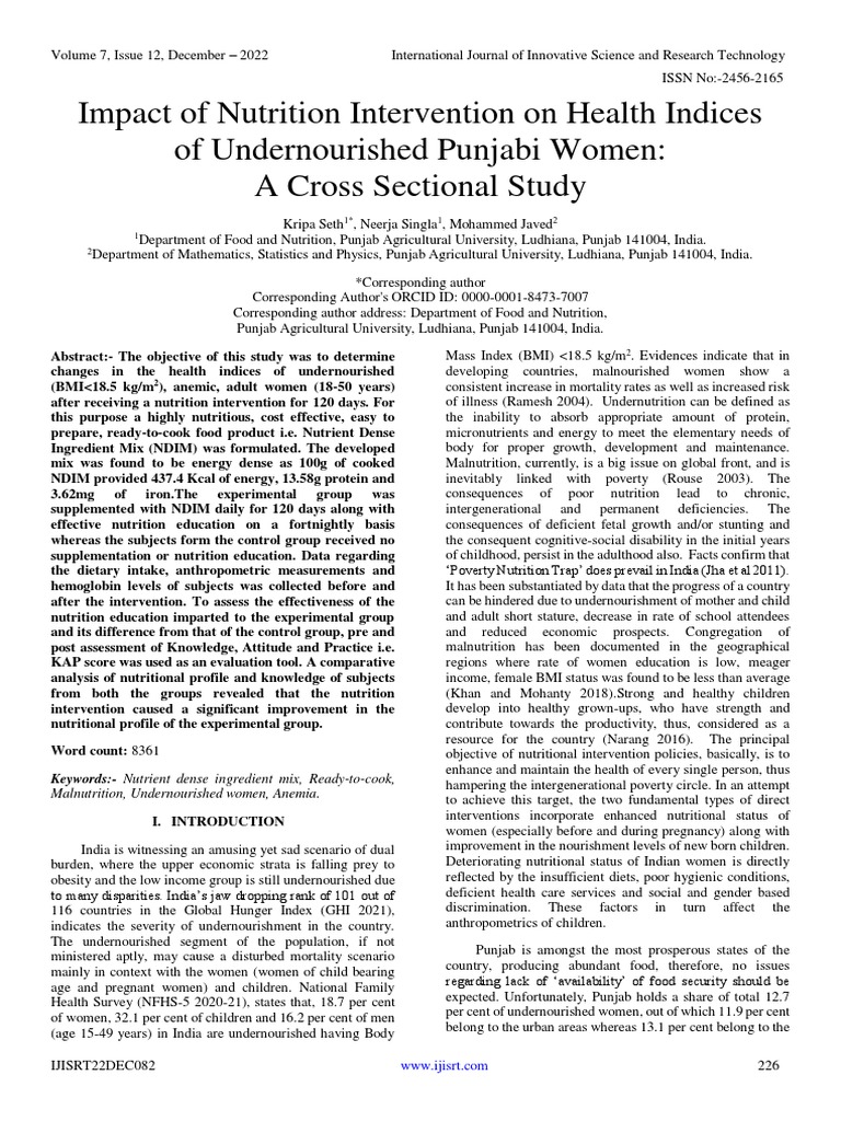 Impact of Nutrition Intervention On Health Indices of Undernourished ...