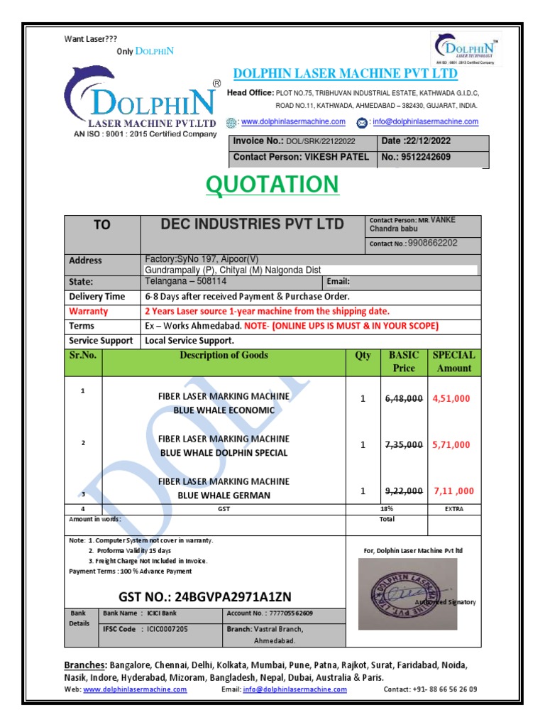 DEC INDUSTRIES PVT LTD - NALGONDA - PROFORMA INVOICE BLUE WHALE Model ...