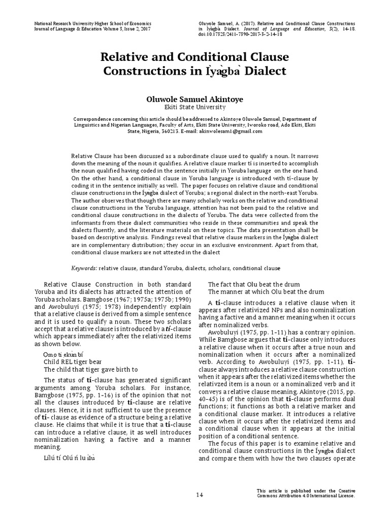 Relative and Conditional Clause Constructions in I Ya Gba Dialect | PDF | Clause | Linguistics
