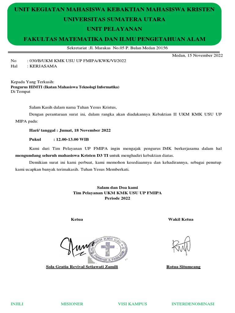 Surat Kerjasama UKM KMK USU UP MIPA-HIMTI | PDF
