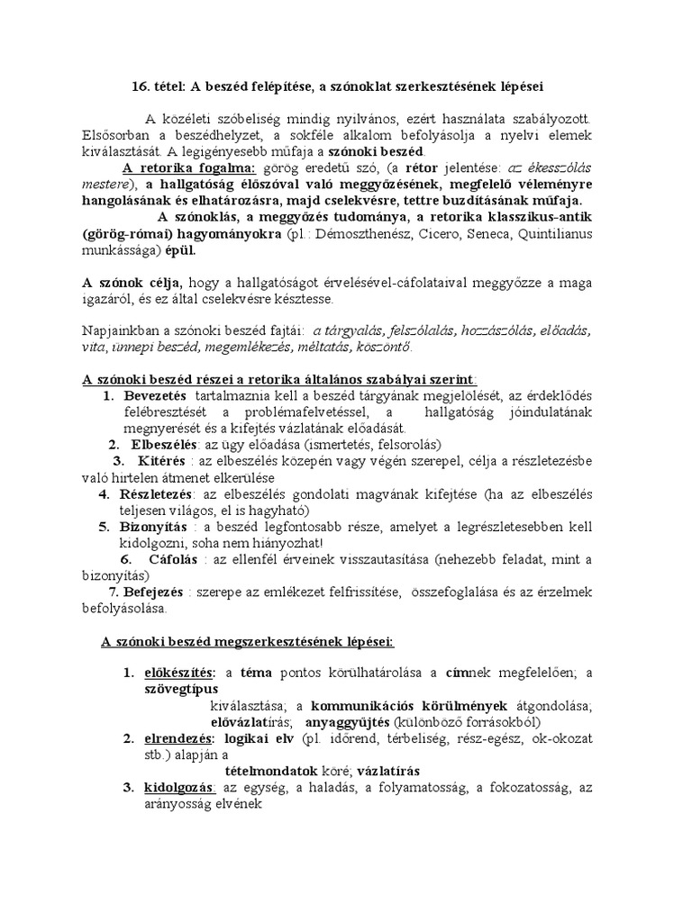 16 Tétel A Beszéd Felépítése | PDF