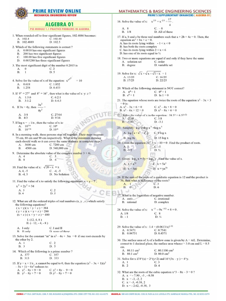 1.1 Algebra 01 Problems | PDF