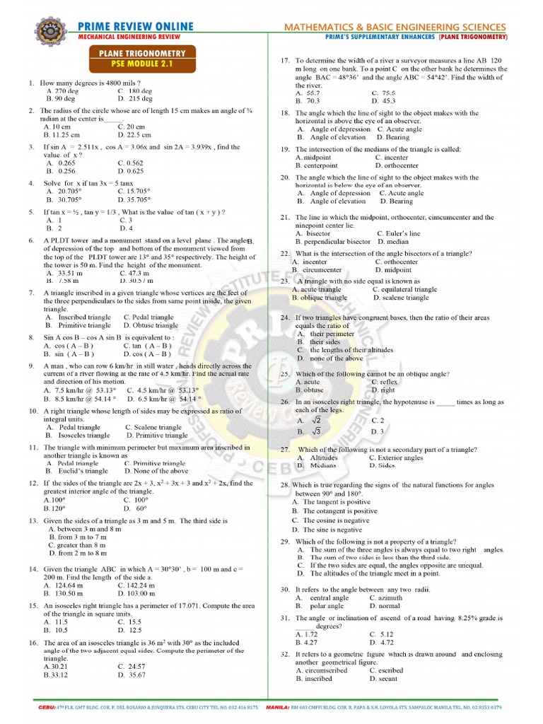 2.1 Plane Trigonometry Problems | PDF