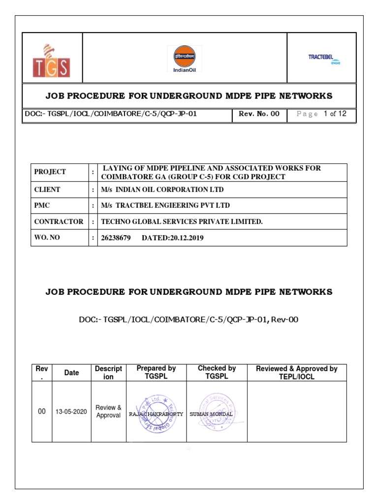 MDPE Work Procedure | PDF | Pipe (Fluid Conveyance) | Quality Assurance