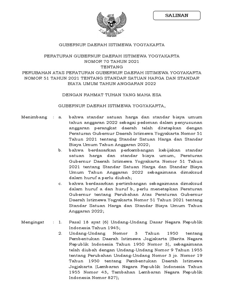 Pergub 70-2021 Perubahan 51-2021 Tentang SSH&SBU 2022 | PDF