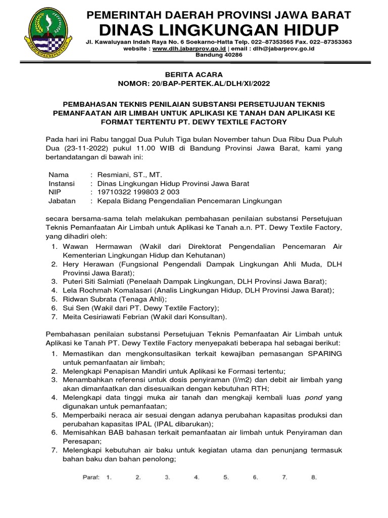 Berita Acara Penilaian Substansi Pertek Air Limbah PT. Dewy Textile ... Berita Acara Penilaian Substansi Pertek Air Limbah PT. Dewy Textile ...