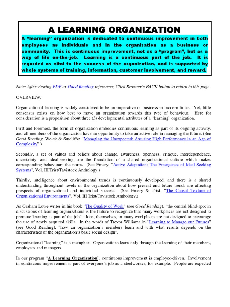 A Learning Organization Pdf Good Reading Pdf Employment Learning