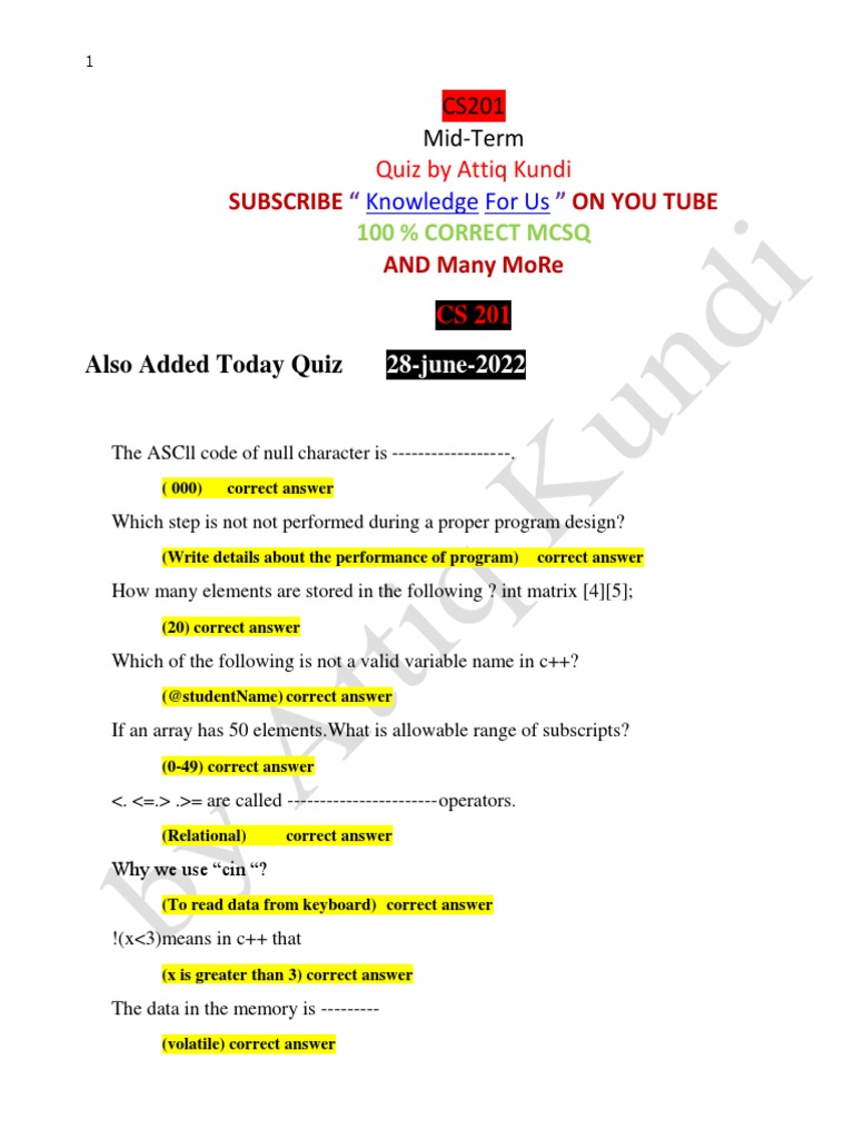 CS201 MID-Term by Attiq Kundi-Updated On 28-06-2022 | PDF | Pointer (Computer Programming ...