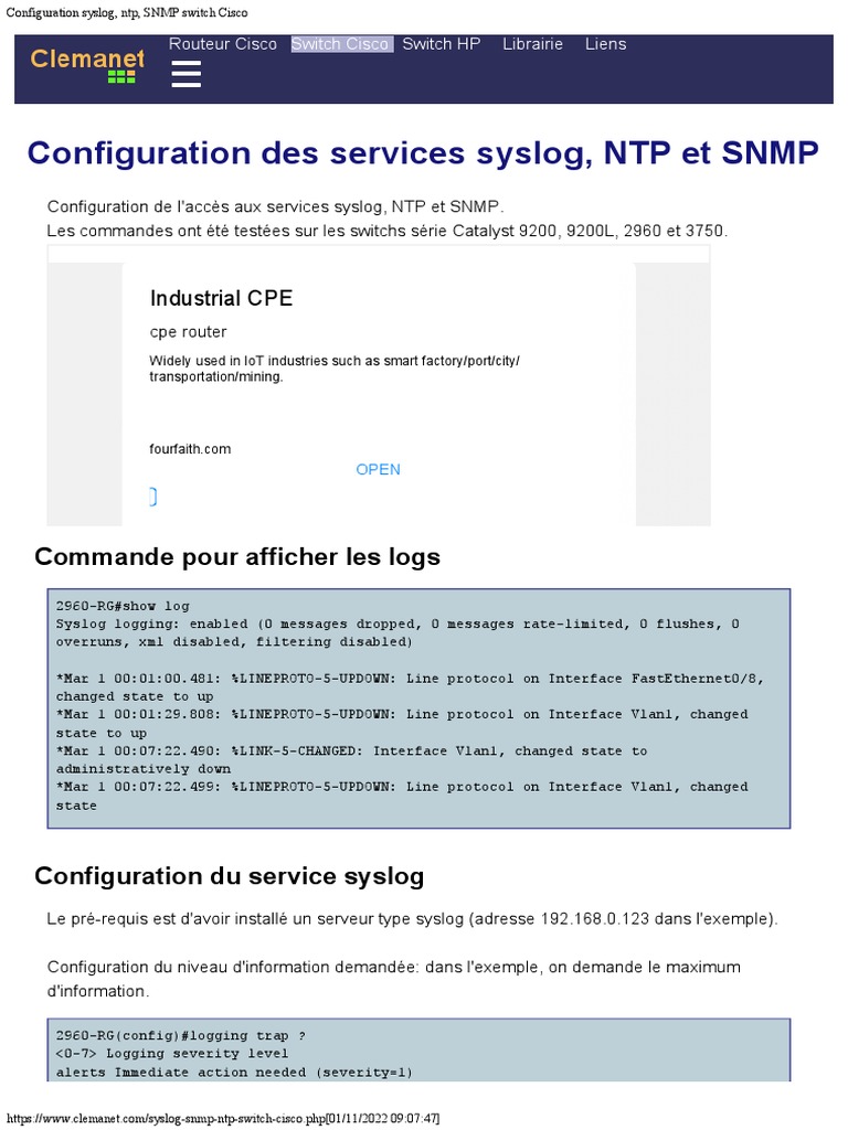 Configuration Syslog, NTP, SNMP Switch Cisco | PDF | Serveur (Informatique) | Télécommunications