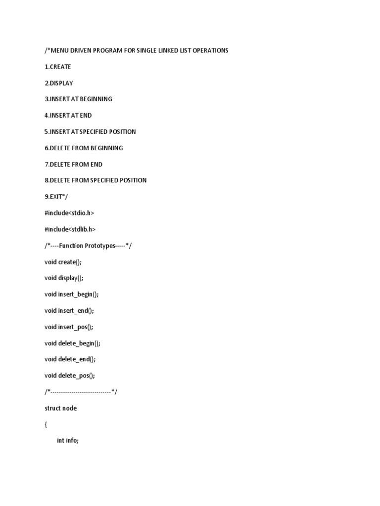 Menu Driven Program For Single Linked List Operations Pdf Computer Programming Software 