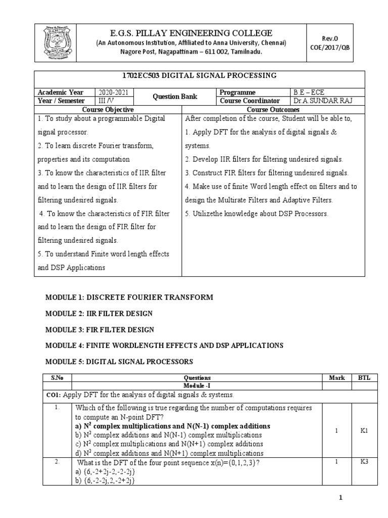 Multiple Choice Question - 1702ec503 Digital Signal Processing | PDF ...