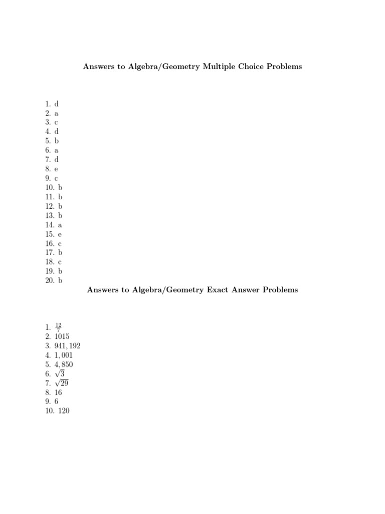 Solutions to Algebra and Geometry Practice Questions: Multiple Choice and Exact Answer Formats | PDF