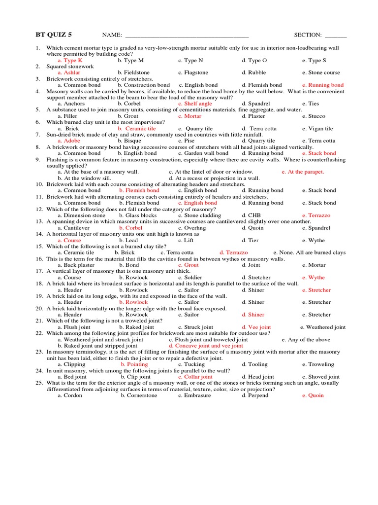 BT JOE Quiz 4 Masonry | Download Free PDF | Masonry | Materials