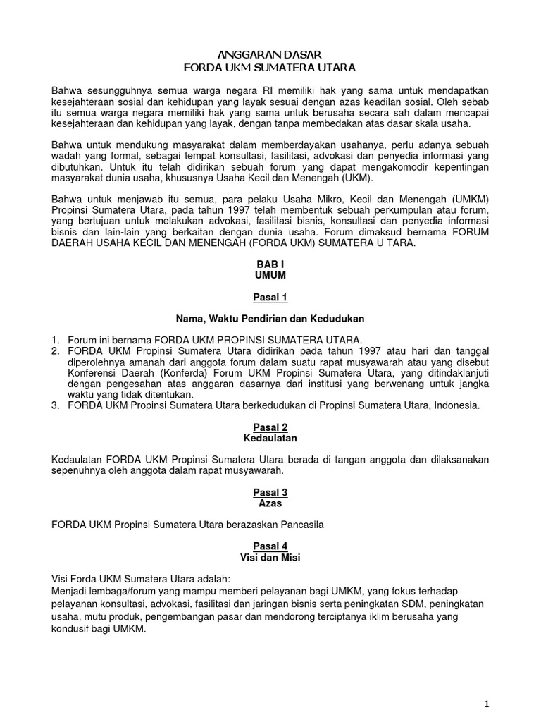 Anggaran Dasar FORDA UKM Sumut | PDF