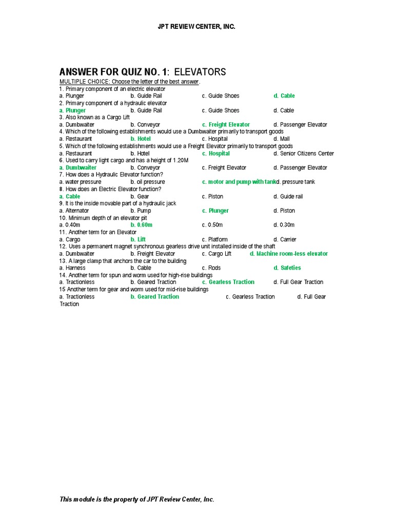 Elevator Quiz and Key Concepts | PDF | Elevator | Transport