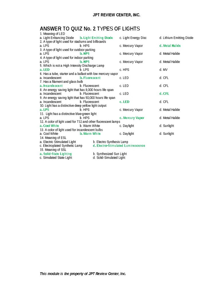 UTILITIES Pugeda Quiz 22 Types of Lights | PDF