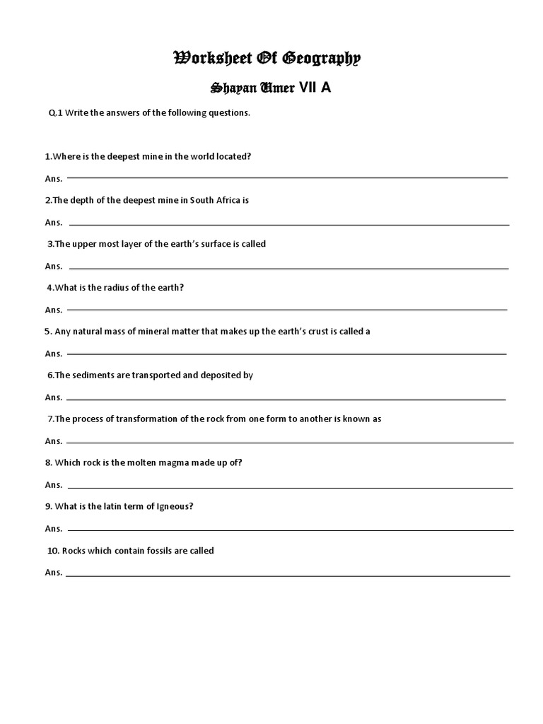 Geography Worksheet for Grade VII | PDF | Social Science | Travel