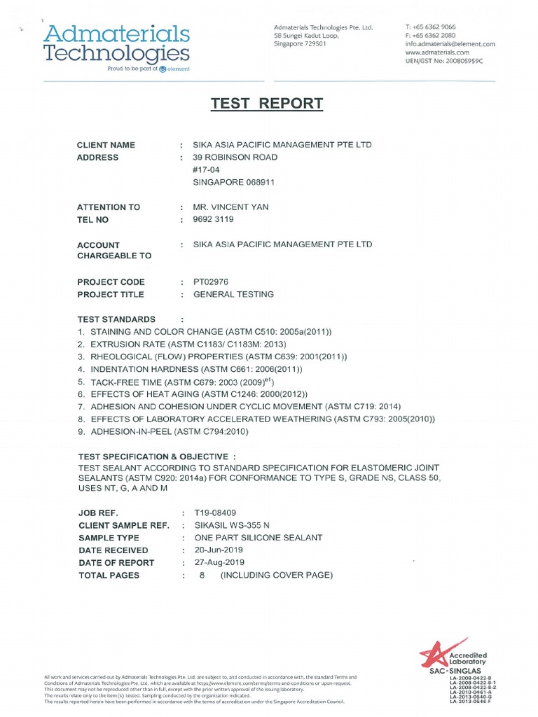09-2. Test Report Sikasil WS355N Astm C920-C50 | PDF