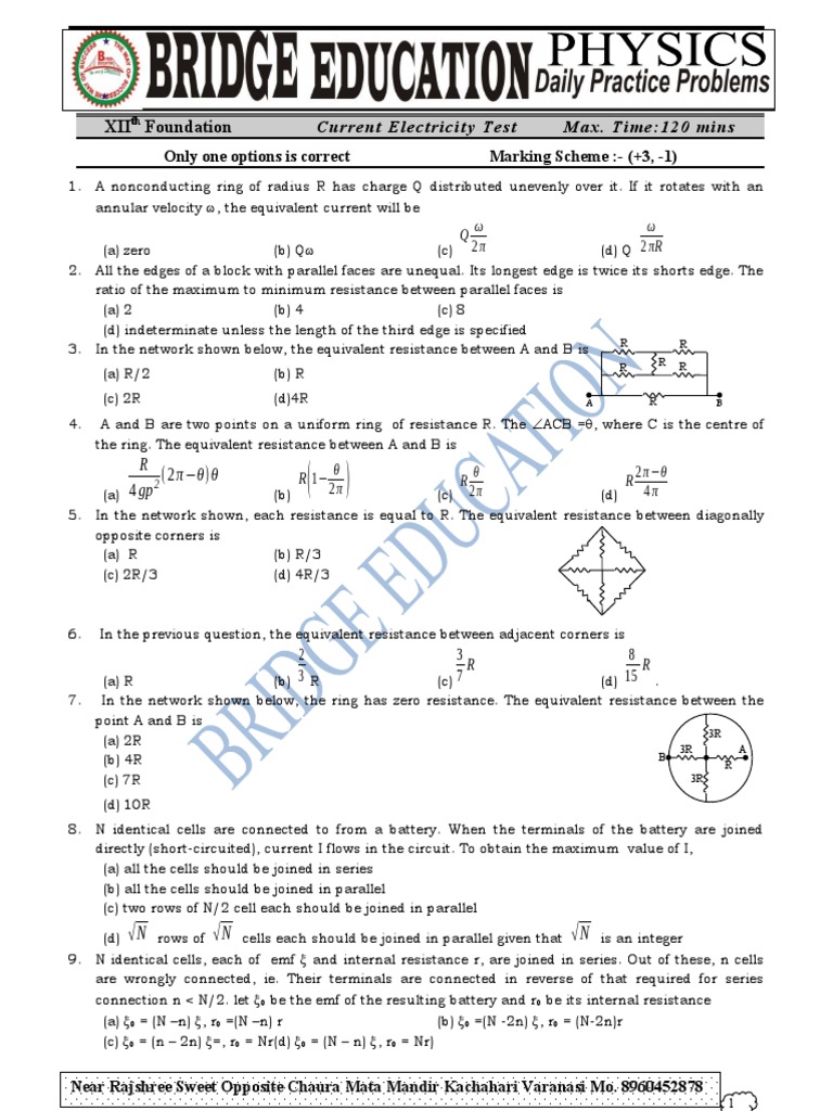 Current Electricity Test | PDF | Voltage | Series And Parallel Circuits