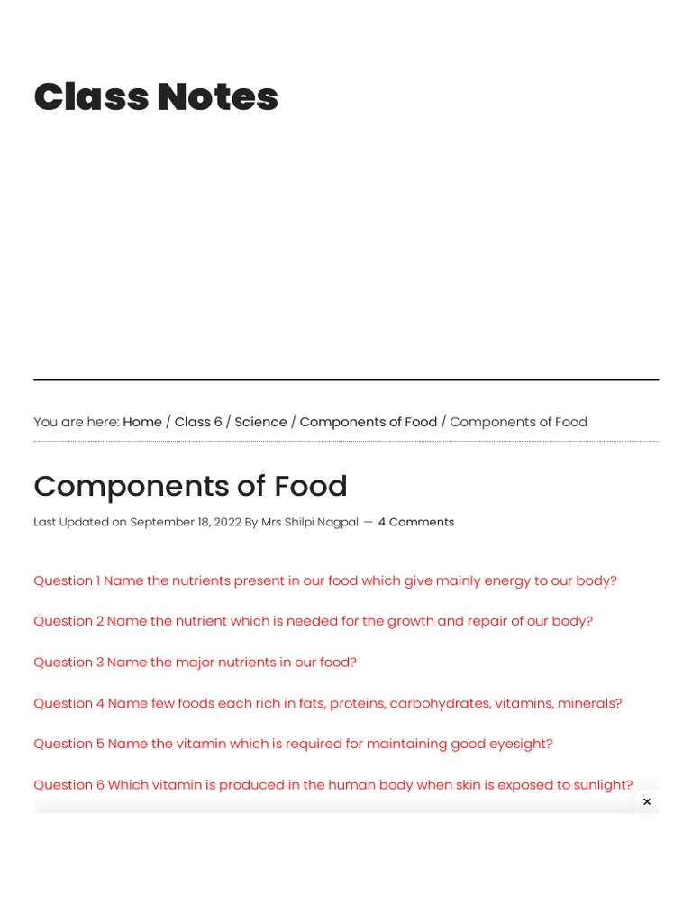 Components of Food - Class 6, Components of Food | PDF | Foods | Whole ...