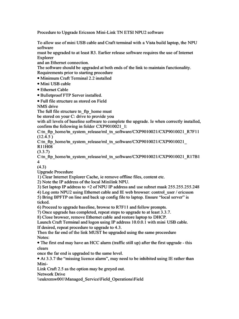 Procedure To Upgrade Ericsson Mini Link TN Etsi Npu2 Software | PDF ...