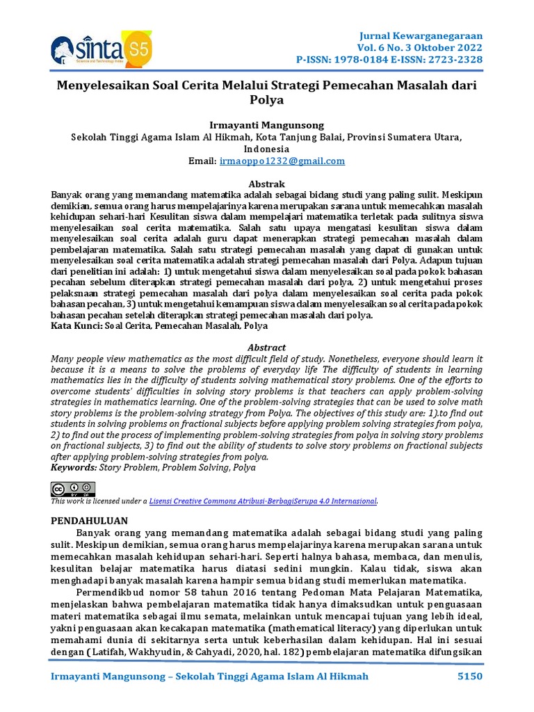 Menyelesaikan Soal Cerita Melalui Strategi Pemecahan Masalah Dari Polya | PDF